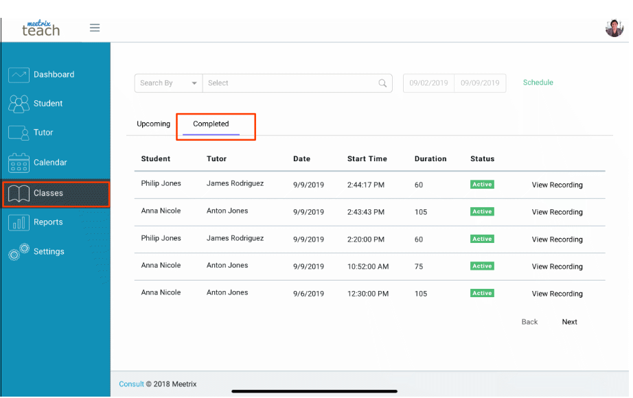 How To View Up-Coming And Completed Classes - Meetrix Teach Blog