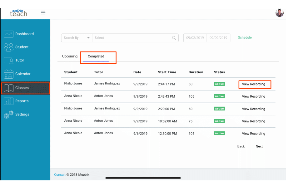 How To View Up-Coming And Completed Classes - Meetrix Teach Blog